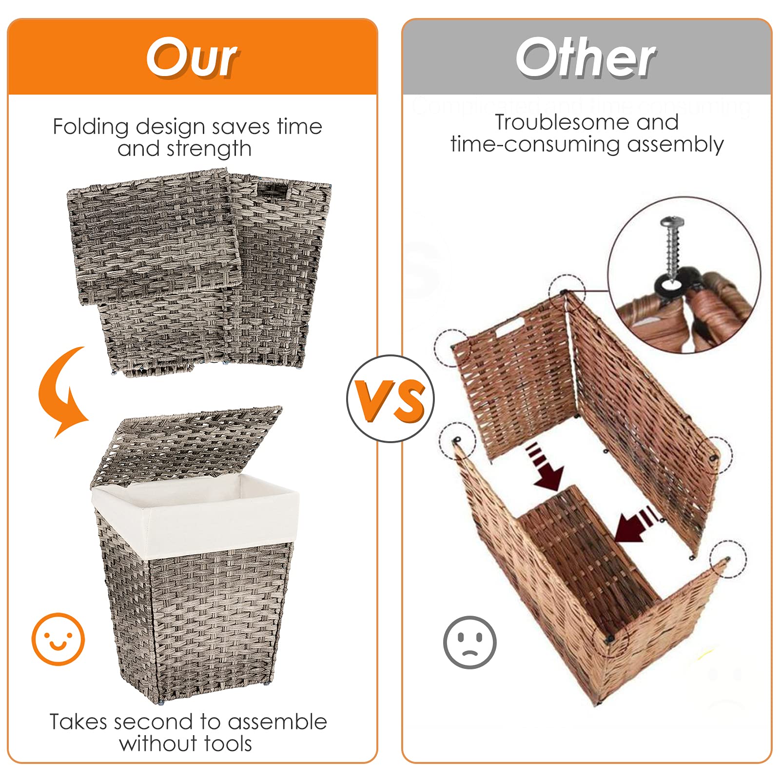 Giantex Laundry Hamper with Lid, Foldable Laundry Basket w/Removable Liner Bag, Handwoven Rattan Clothes Hamper w/Handles Anti-skid Pads for Living Room Laundry (Gray)