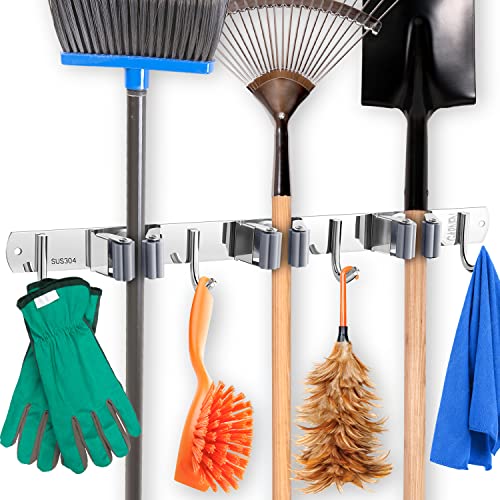 Garnen Mop and Broom Organizer (3 Racks 4 Hooks), Heavy Duty Broom Wall Mount Rake Holder Stainless Steel Tool Hanger for Home, Kitchen, Garage, Garden, Laundry Room, Bathroom Organization and Storage