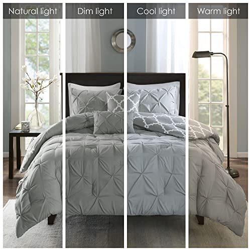 Madison Park Essentials Kasey Cozy Comforter Set - Fretwork Design, All Season Bedding with Matching Shams, Decorative Pillow, Queen (90in x 90 in), Diamond Grey Comforter 5 Piece