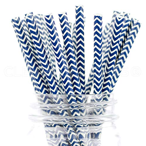CleverDelights Biodegradable Paper Straws - Navy Chevron - Box of 100