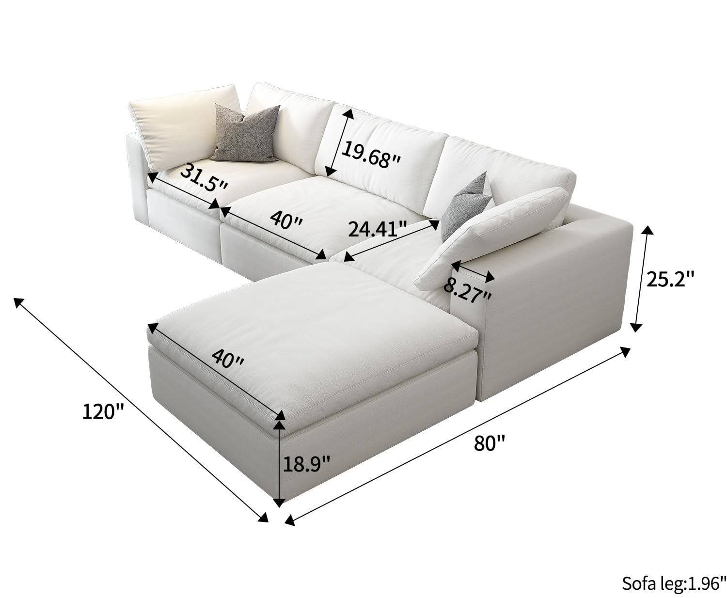 Cloud Modular Sectional Sofa with Storage Ottoman, 120" Down Filled Comfort L Shaped Couch Modular Sectional Couch, Modern Deep Sofa Couches for Living Room Office Apartment (3 Seater+1 Ottoman,White)