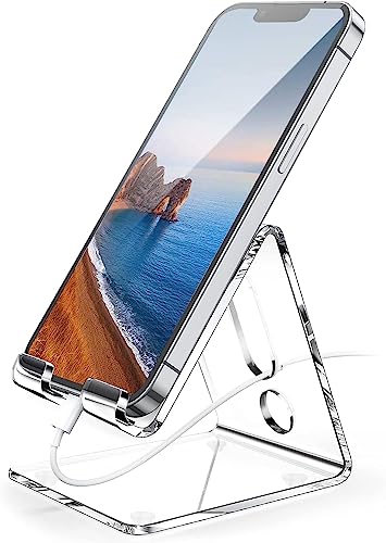 FUCDTEF Acrylic Cell Phone Stand for Desk, Clear Cell Phone Holder, Desktop Mobile Stand Compatible with iPhone 12 13 14 Pro Max, Samsung Galaxy
