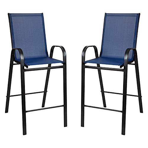 Flash Furniture Brazos Bar Table Set - 5 Piece Glass Brazos Bar Table with 4 Navy Patio Bar Stools - Brazos Outdoor Chairs