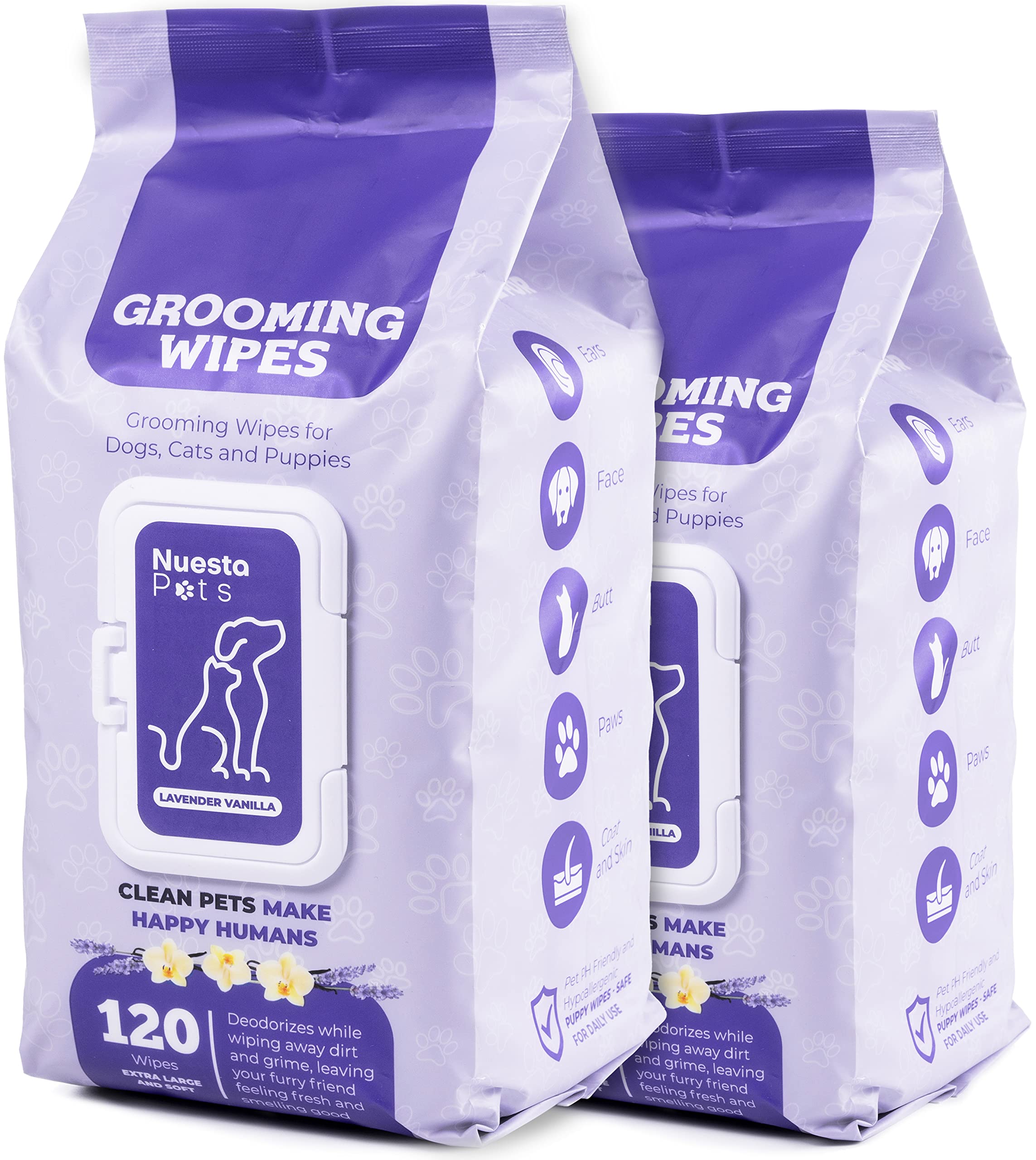 Nuesta Pet Wipes for Dogs & Cat Wipes XL & Thick Deodorizing Dog Wipes for Paws and Butt Cleaning (2 Packs of 120, Lavender Vanilla)