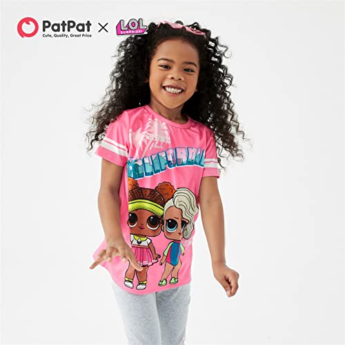 L.O.L. Surprise! 2pcs Kid Girl Clothes Letter Print Striped Short Sleeve Pink Tee Top and Pants Set Dark Pink 5-6 Years