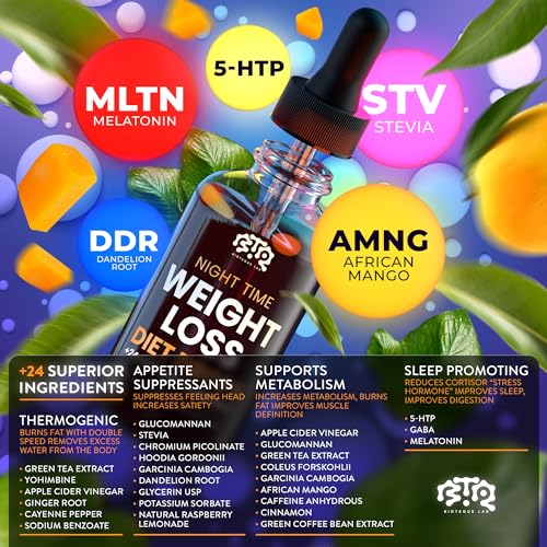 BIOTEQUELAB Night Time Weight Loss Diet Drops - Appetite Control, Fat Burner, Metabolism Booster - Apple Cider Vinegar - Cinnamon - Cayenne Pepper