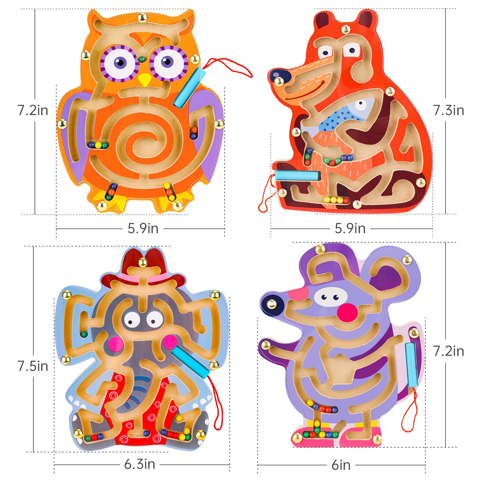 NiToy 4PCS Wooden Magnetic Maze Toys for Kids 3+, 7''x8'' Animal Interactive Puzzle Game Board Montessori Labyrinth STEM Activity Child Fine Motor Skill Development Preschool Birthday Gift (4 Animals)