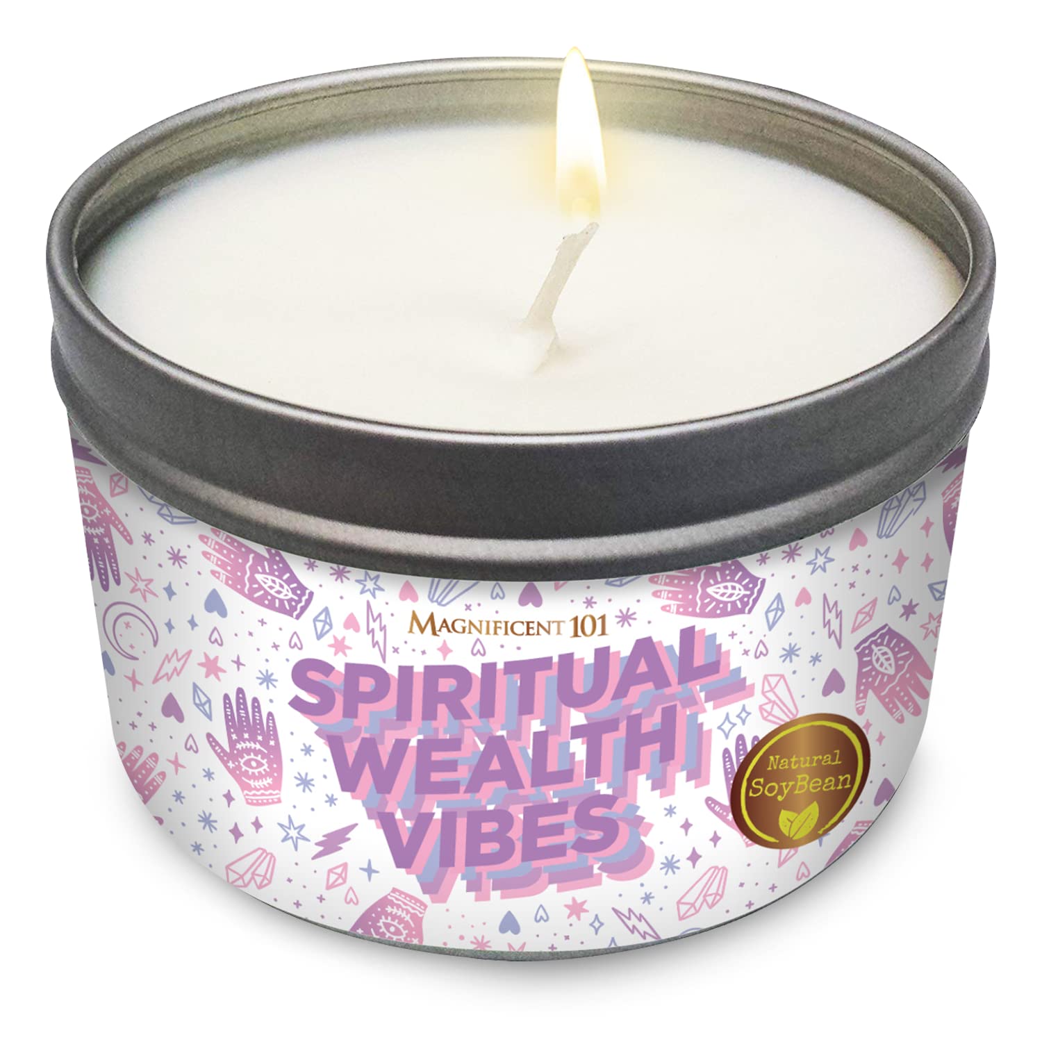 Magnificent 101 Spiritual Wealth Vibes 6-oz. Candle in Tin Holder; 100% Natural Soy Wax with Sage & Clove Essential Oils for Aromatherapy, Energy Cleansing, Meditation & Intention Setting; Great Gift