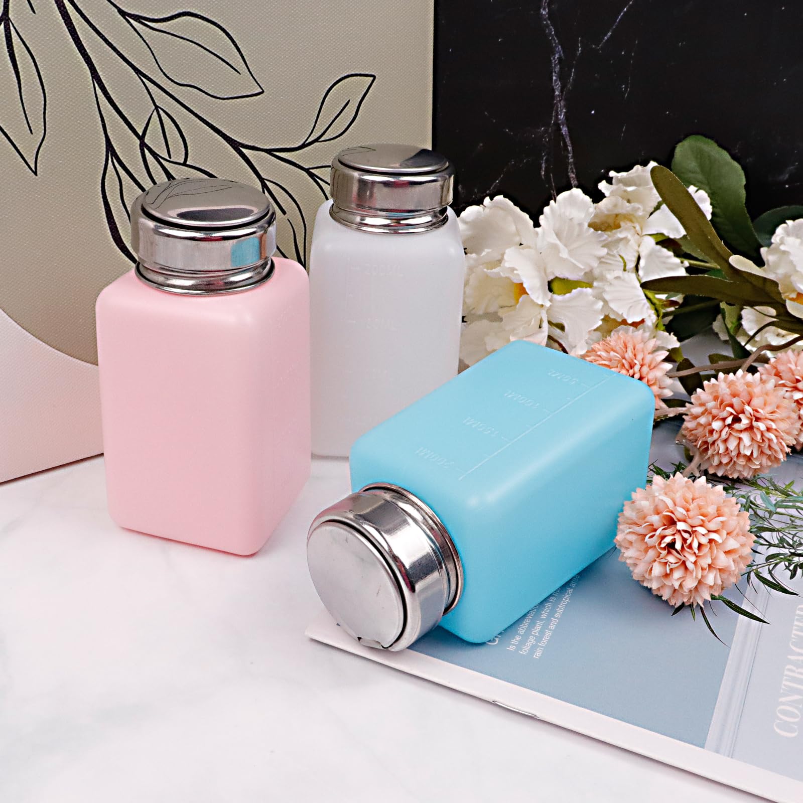 Crapyt Push Down Liquid Press Pumping Refillable Empty Pump Bottle 3 Pack(Each of Blue, Pink, and White) Push Down Dispenser 2.09"×2.09"×4.02"