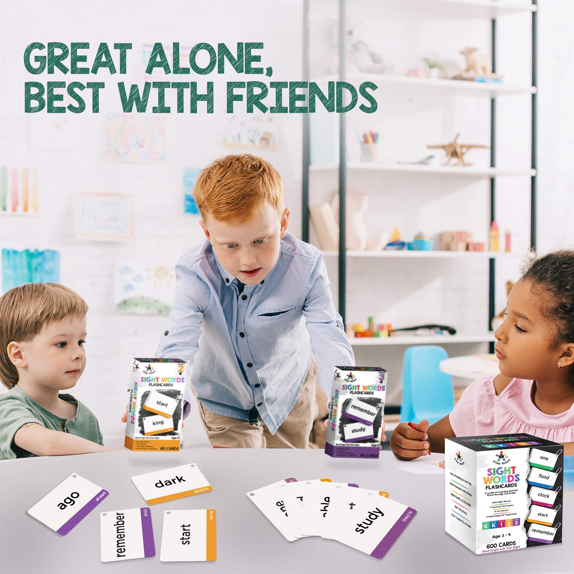 Star Right 600 Sight Word Flash Cards & Flashcard Games Set - 300 Hole Punched Flash Cards - 30 Fun Flashcard Games - 5 Binder Rings - for Ages 3 & Up - Pre-K, Kindergarten, 1st, 2nd, & 3rd Grade