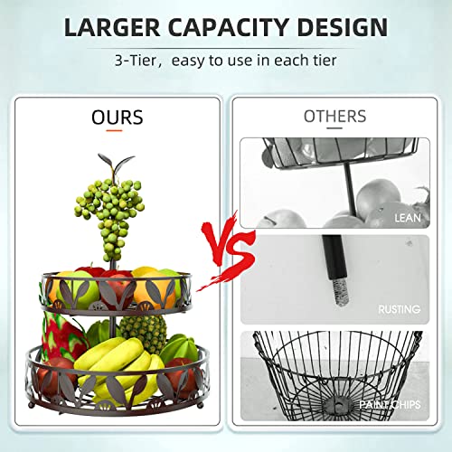 BUDO Fruit Basket, 3-Tier Fruit Bowl Vegetables Countertop Storage with Banana Hanger, Iron Metal Detachable Bread Holder Fruit Tray for Kitchen
