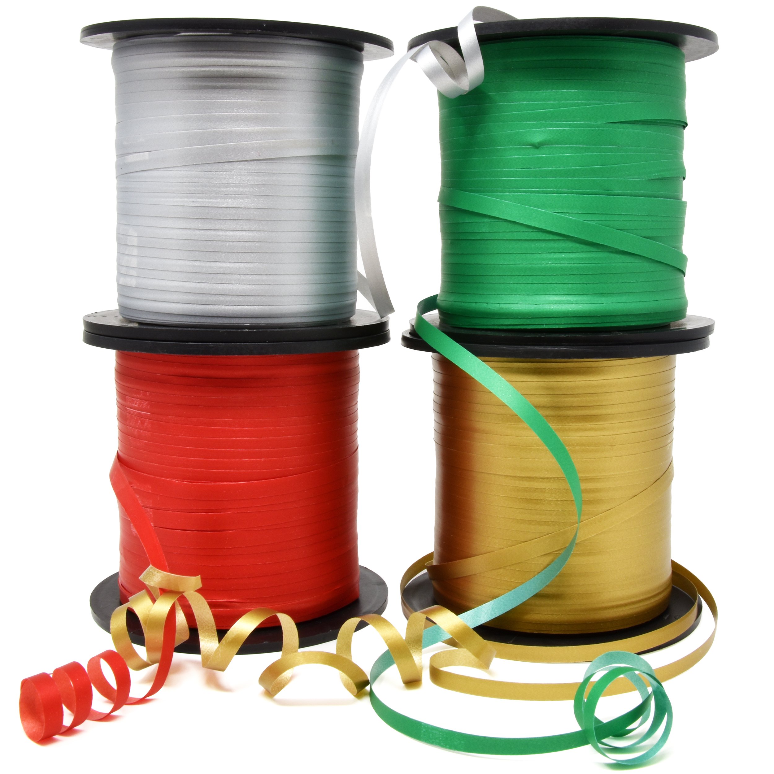 Gift Boutique Christmas Curling Ribbon Pack of 4 Rolls Green, Red Gold & Silver; Holiday Party Crafts Supplies Decorations- 350 Yards per Roll – Total of 4200 Feet 5 mm Ribbon