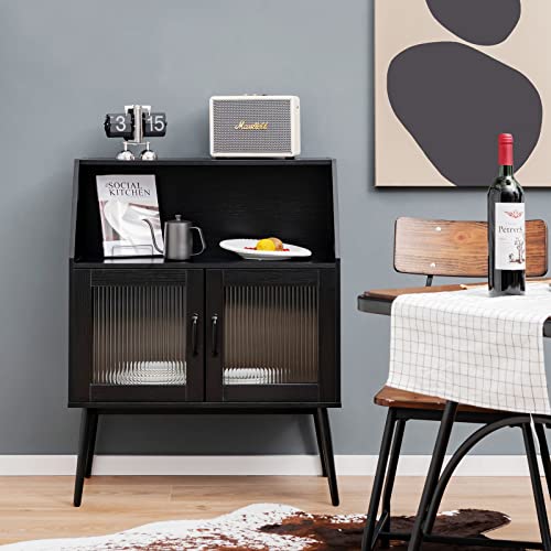 Giantex Buffet Cabinet with Storage, Farmhouse Sideboard with Open Shelves & Tempered Glass Door, Mid Century Free-Standing Kitchen Cupboard for Living Room Hallway, Black