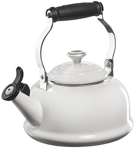 Le Creuset Enamel On Steel Whistling Tea Kettle with Metal Finishes, 1.7 qt., White