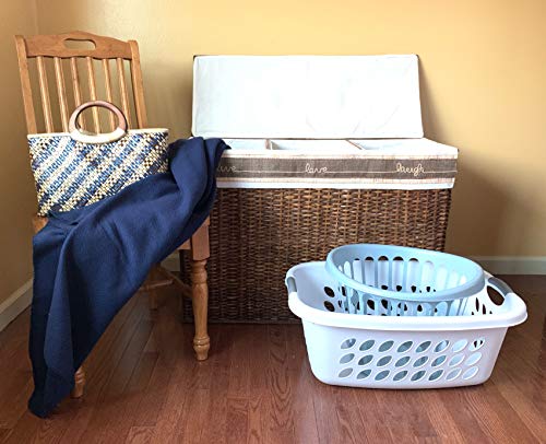 GUTZ Handcrafted Wicker Oversized 3 Section Divided Laundry Hamper Sorter and Organizer Handwoven Rattan Basket with Lid, Cloth Liner and Coconut Buttons, Jute Rope, and Raffia Weave Accent