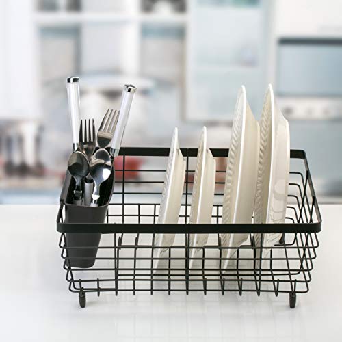 Kitchen Details Flat Wire Countertop or Over The Sink Dish Drying Rack with Cutlery Basket | Holds up 13 Dishes | Mugs | Kitchen Accessories | Bronze