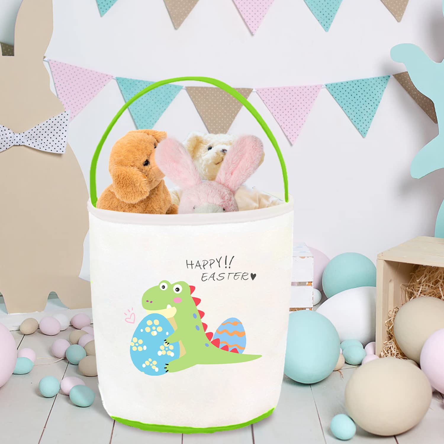Cerlaza Easter Gift Basket Empty for Kids Canvas Tote, Easter Dinosaur Holding Eggs Hunt Basket with Handle for Toys Carrying, Cute Design Cotton Basket for Easter Party Supplies