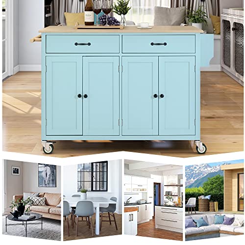 Kitchen Island Cart with Solid Wood Top/Locking Wheels/Adjustable Shelves,Multi-Functional Rolling Kitchen Cart with 4 Door Cabinet/2 Drawers/Spice Rack/Towel Rack for Dining Room(Mint Green)