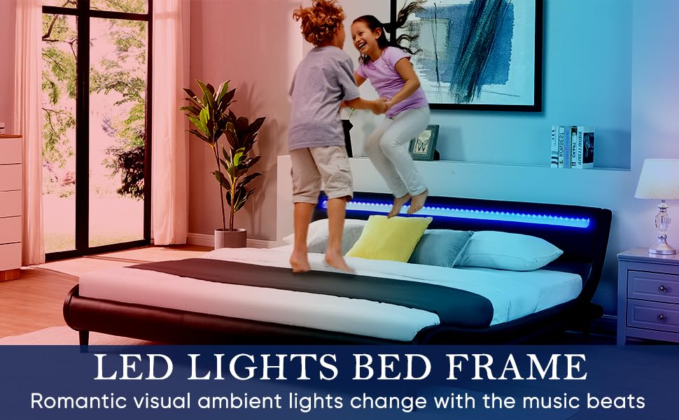 Gustonhon King Size Modern Upholstered Platform Bed Frame with RGB LED Lights Leather Headboard,Faux Leather Wave-Like Low Bed Frame,Strong Wood Slats Support, Easy Assembly(Black, King)