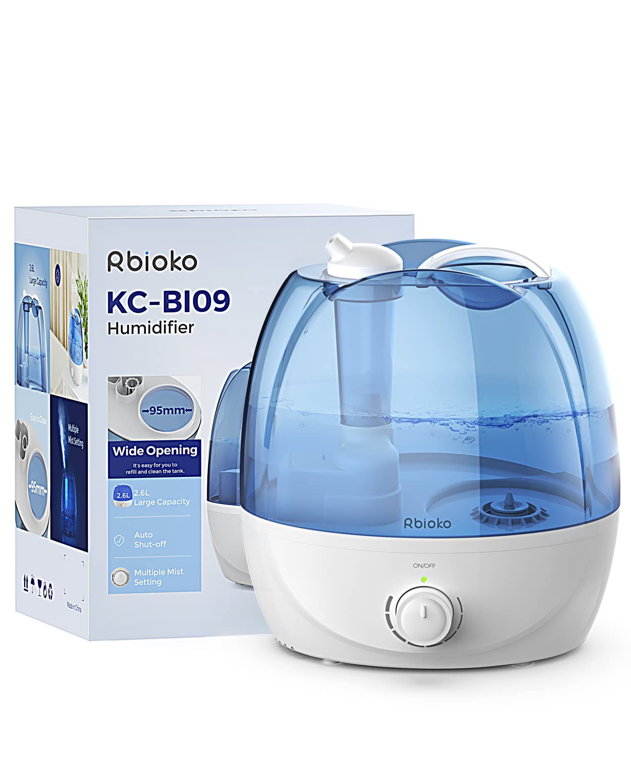 Rbioko 2.6L Cool Mist Humidifiers for Bedroom Whisper Quiet, Ultrasonic Vaporizer for Baby & Nursery, Indoor Plants & Whole House -Adjustable 360 Rotation Nozzle, Easy to Clean, Auto-Shut Off