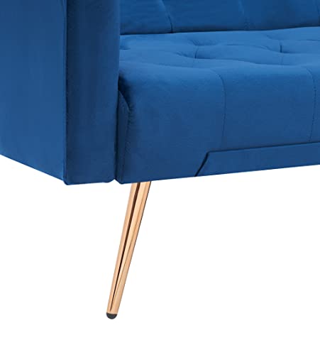 Eafurn Comfy Velvet Upholstered Futon Foldable Daybed Bed for Sleep Overs, Convertible Sleeper Loveseat with 2 Pillows, 71" Tufted Sofa & Couches with Golden Metal Legs for Compact Living Space, Blue
