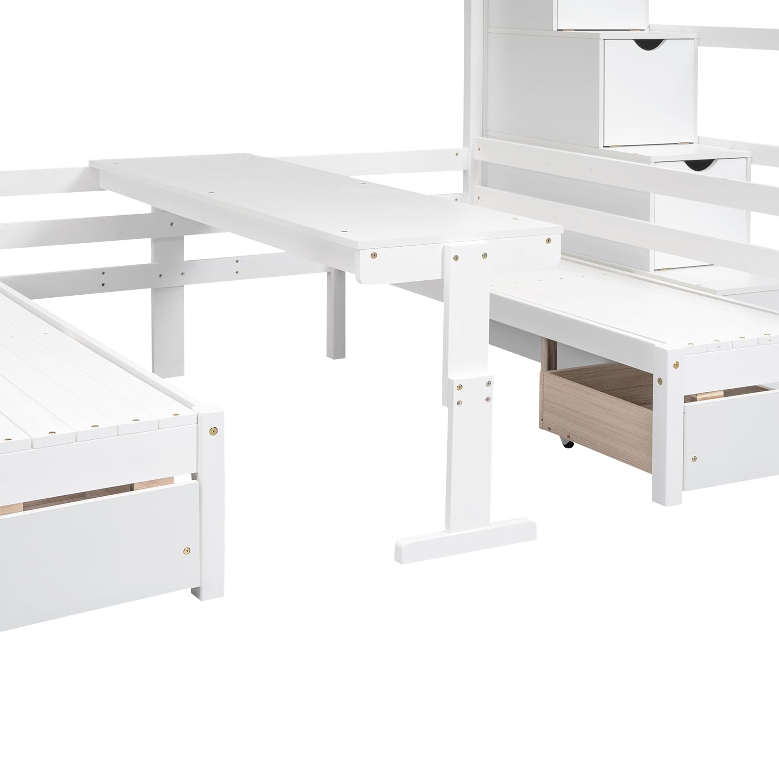 MERITLINE Full Loft Bed with Stairs and Desk, Wooden Full Loft Bed with Desk, Bunk Bed Full with Convertible Seats and Table Set Underneath for Kids Girls Boys Teens,White