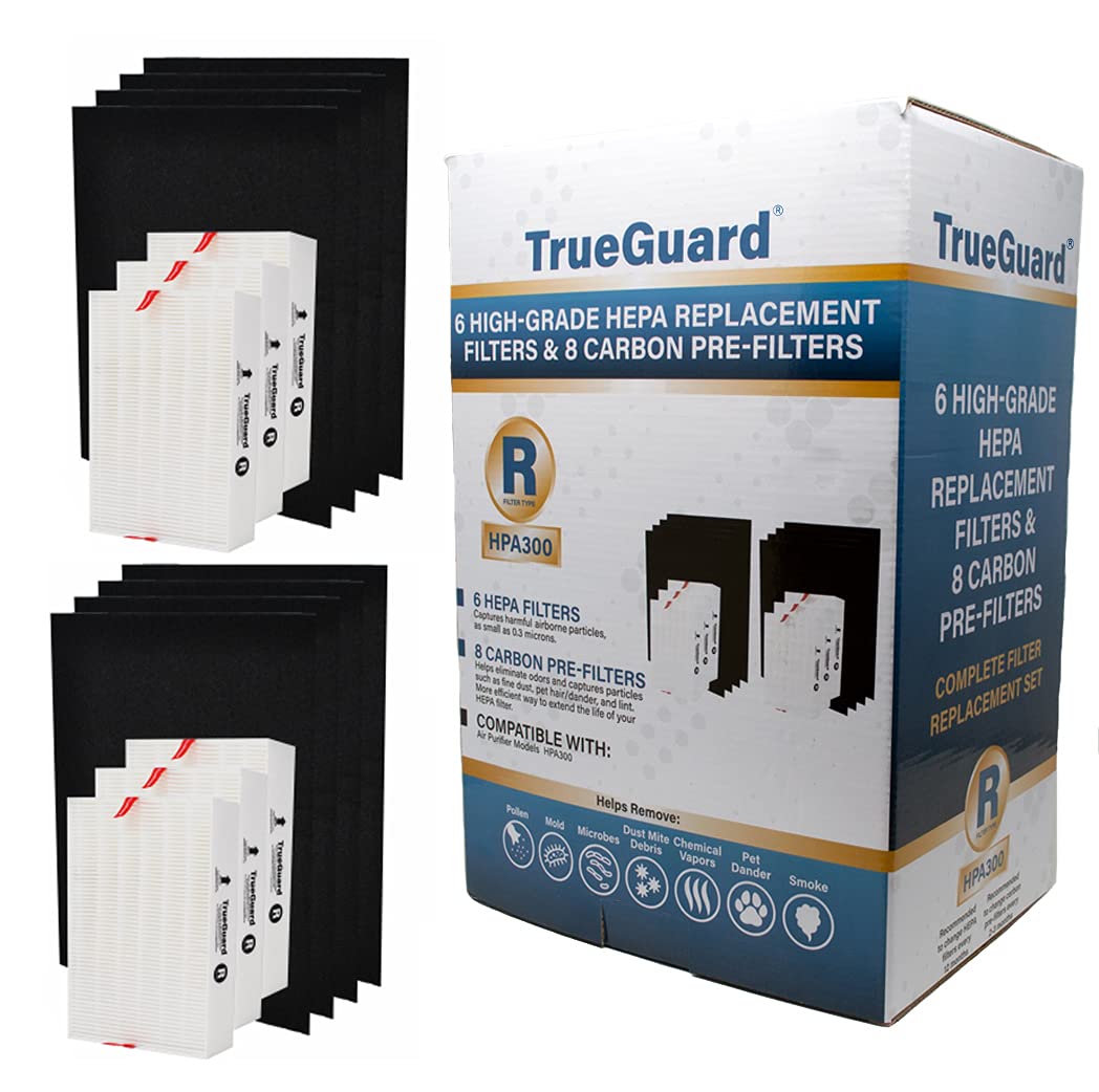 TrueGuard Air Purifier Replacement HEPA Filters Type R for HPA300 Series| 6 Pack with 8 Pre-cut Activated Carbon Prefilters | Compatible with Honeywell Models HPA300, HPA3300, HPA5300, HPA8350 & More