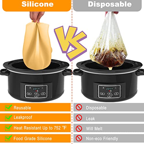 XANGNIER 2 Pack Silicone Slow Cooker Liners for 6,7,8 Quarts Crockpot, Reusable Silicone insert,Leakproof & Easy Clean,Cooking Bags for Oval or Round crock pot,Slow Cooker Accessories(Pink+Yellow)