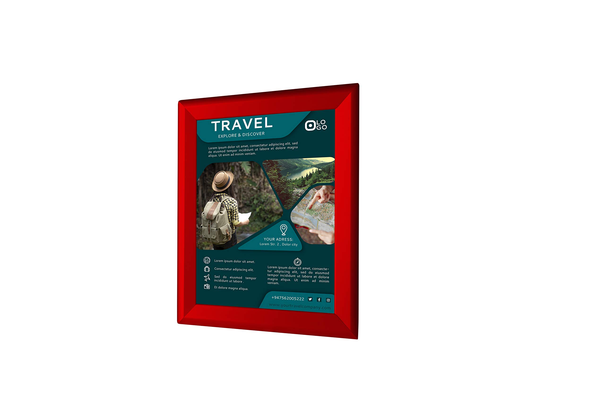 BNV Aluminum Front Load Snap Poster/Picture Certificate Frame, Red, 8.5x11 Inches, 1.25'' Profile, Wall Mounting, Portrait and Landscape Mode, Easy Installation, Anti-Glare, PVC Cover, Lightweight