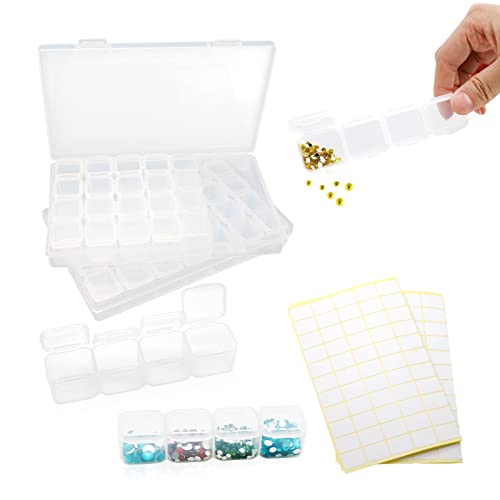 Diamond Painting Boxes, 2 Pcs 28 Slots Storage Containers for Diamond Arts Crafts Accessories Tools with Label Sticker, Portable DIY Nail Bead Organizer, Transparent Plastic