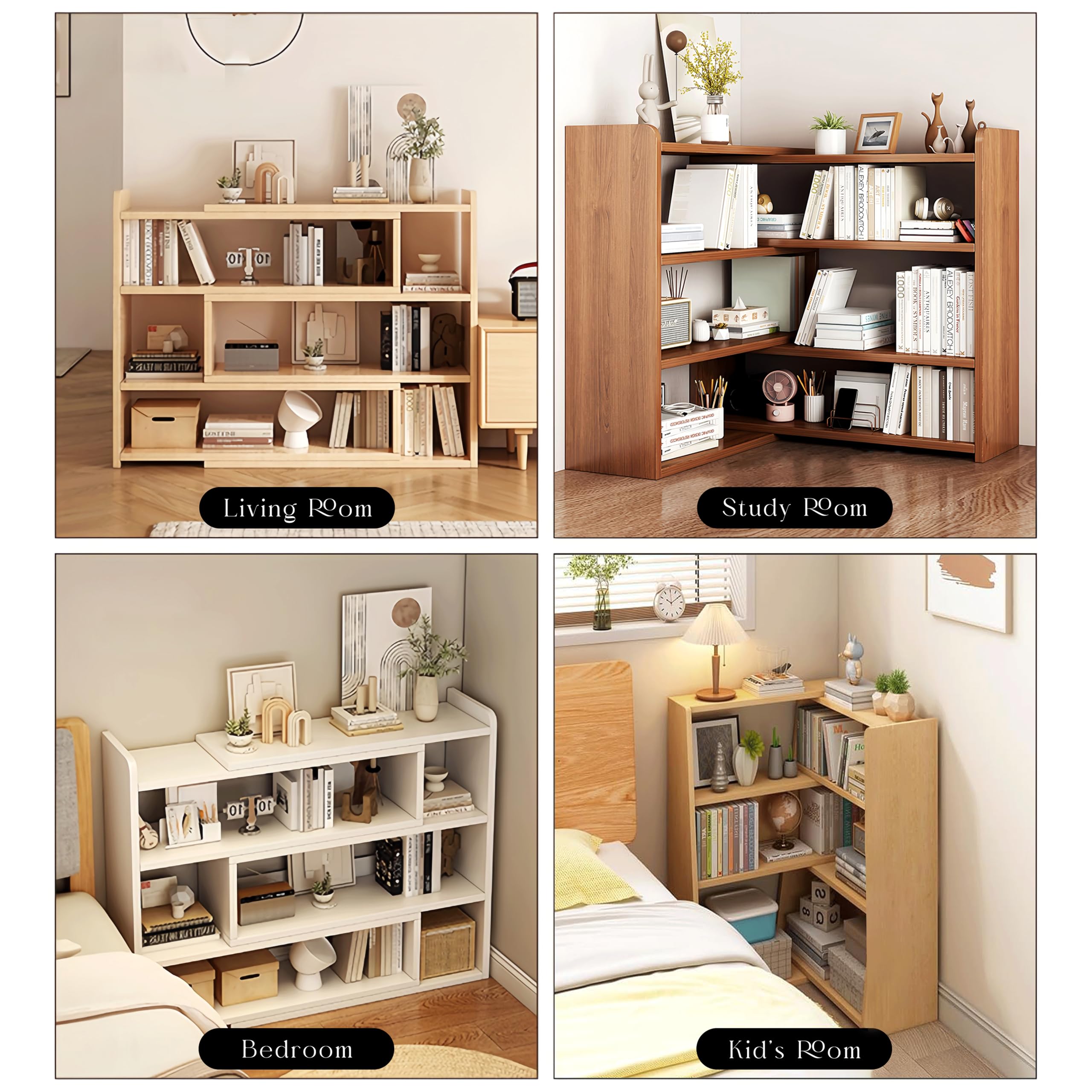 Cmishe 4-Tier Wooden Bookshelf, Expandable 25-47 inch Wide Bookcase, Modern Freestanding Bookcas for Small Space or Corner (Walnut)