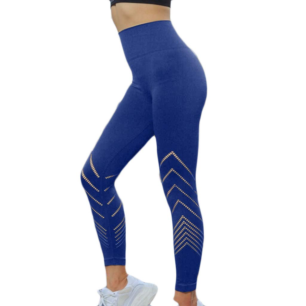 CMIT Ladies Fitness Yoga Running Training Elastic Hollow Yoga Pants Blue