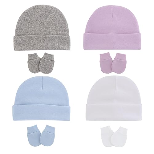 Baby Caps Mittens Newborn Sleeping Hat and Gloves Beanie Infant Hats with Bow Baby Scratch Mitten Gloves for Boys Girls, 4 Sets, Type 2