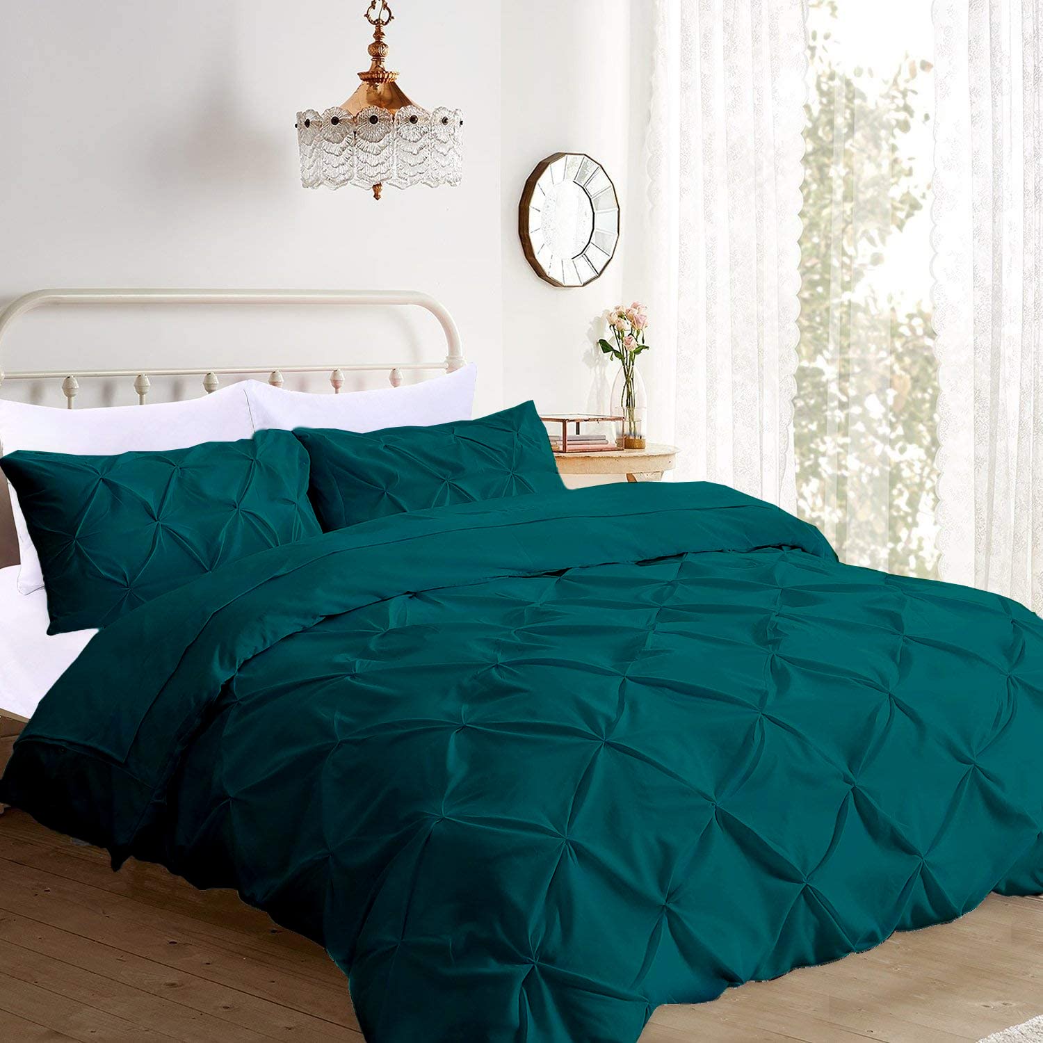 Good Night Bedding Duvet Cover Set - Pinch Pleated 5 Piece Duvet Cover Set 100% Cotton 800 Thread Count with Zipper & Corner Ties Tuffed Pattern Pintuck Decorative (Full/Queen, Teal) Duvet Set