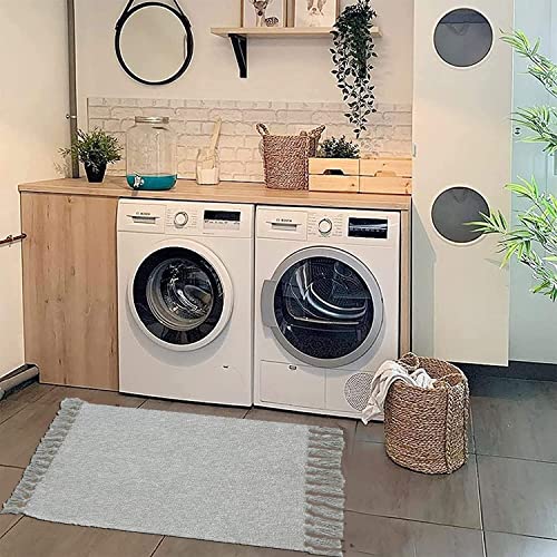 JE JOUE Boho Bathroom Rug 2'x3' Grey,Hand Woven Tassel Solid Color Area Rug, Washable Bedroom Runner mat for Laundry Kitchen Outdoor Bathroom Dorm entryway