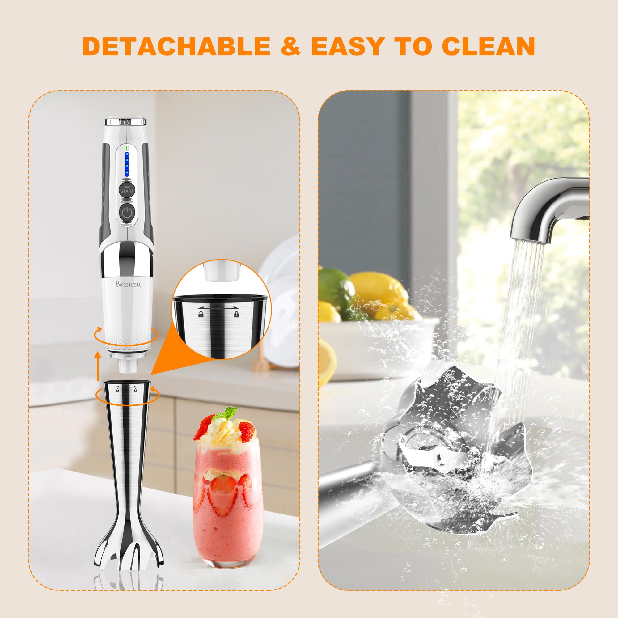 Cordless Hand Blender: 4-in-1 USB Rechargeable Immersion Blender, 21 Variable Speeds & 3-Angle Adjustable with 700ml Chopper, 700ml Beaker, Egg Whisk and Beater for Smoothies, Soup, Baby Food (White)