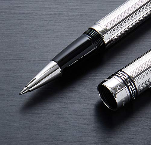 Xezo Tribune Pure Platinum Layered Diamond-Cut Fine Rollerball Pen, Weighty and Balanced, Individually Numbered (Tribune Platinum R), Silver, Black