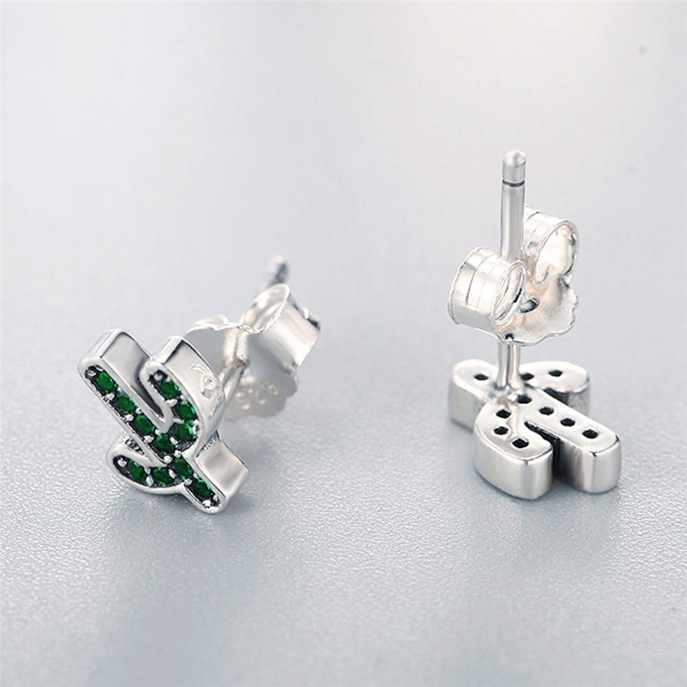 BISAER Cactus 925 Sterling Silver Stud Earrings with Green Cubic Zirconia, Green Plants Post Stud Earring Hypoallergenic Jewelry for Women