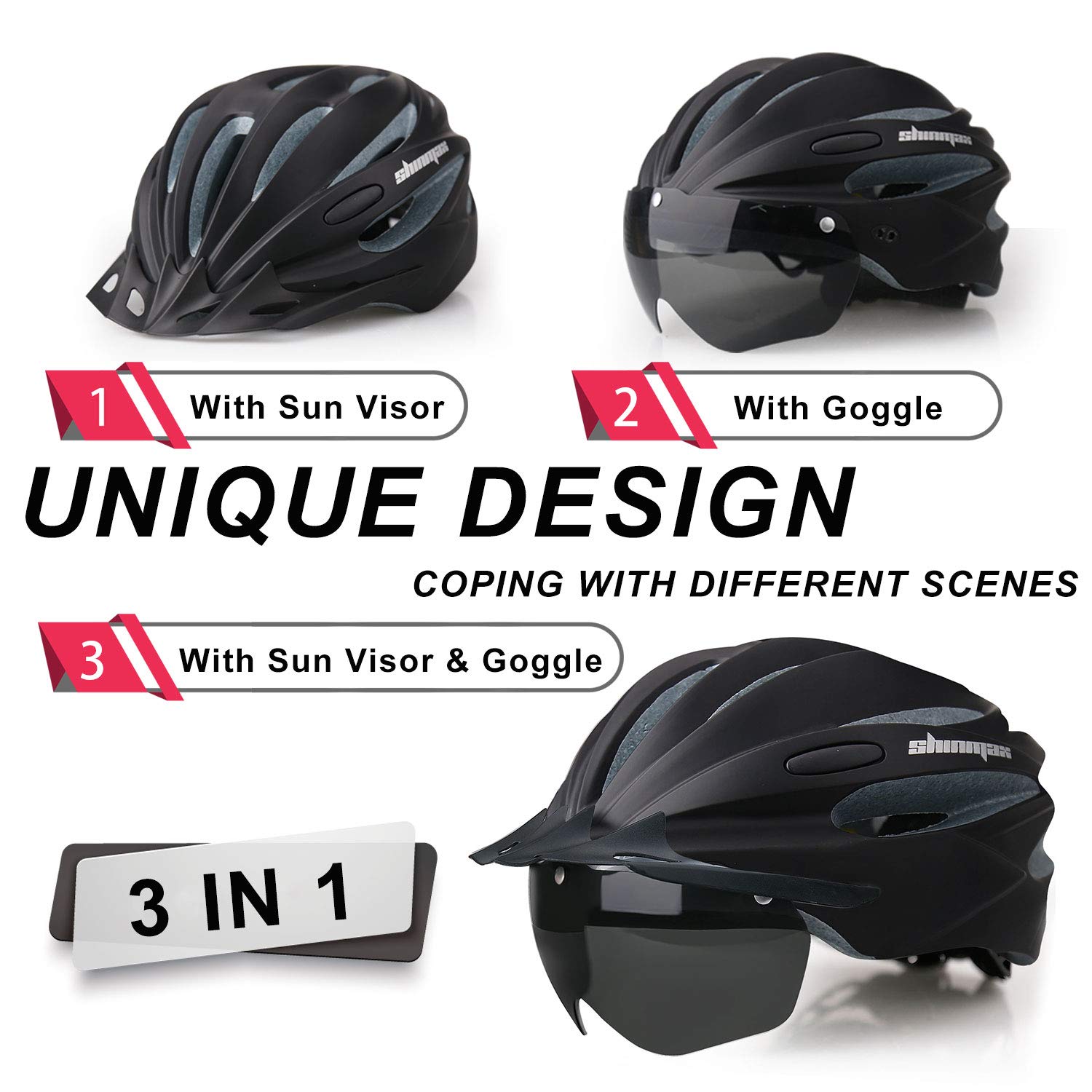 Bike Helmet, Shinmax Bicycle Helmet with USB Charging Light&Detachable Magnetic Goggles&Removable Sun Visor&Portable Bag Adjustable Cycling Helmet