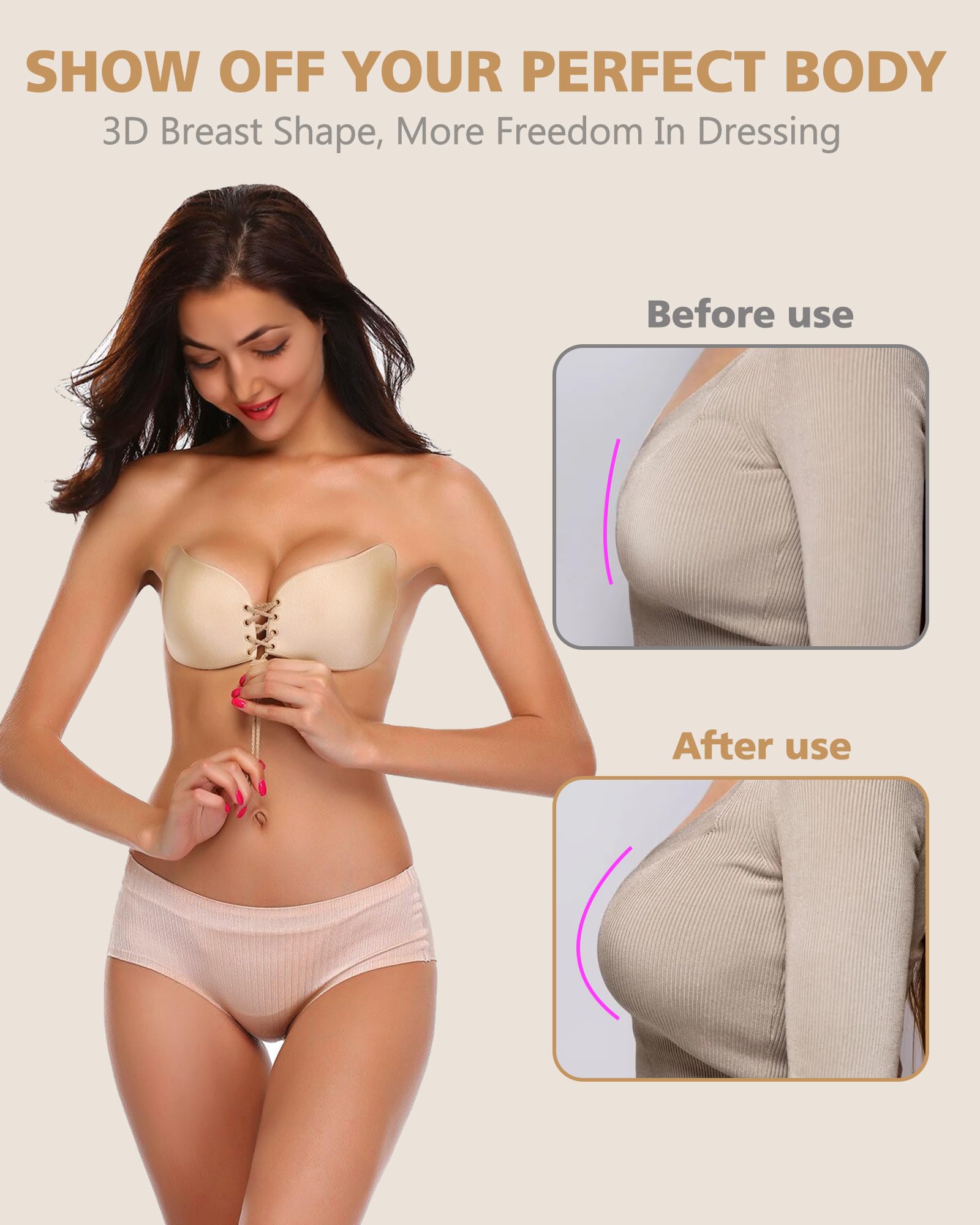 Cmojsk Sticky Bra, Backless Strapless Bra Push Up, Adhesive Invisible Lift Up Bras 2 Pairs Black/Beige