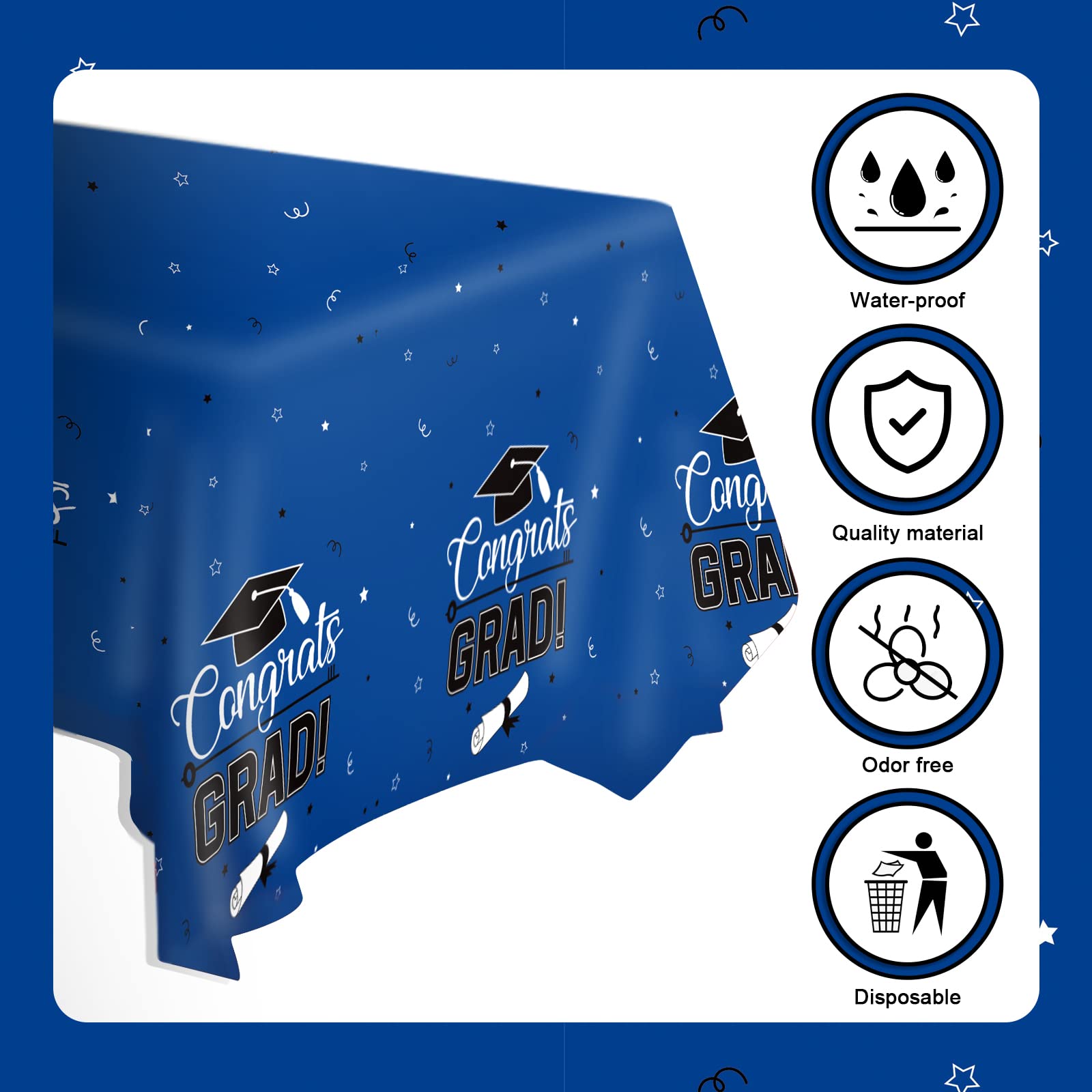 SANBADA 3 Pieces Graduation Tablecloth, 2024 Graduation Party Supplies, Graduation Party Decorations 2024, Graduation Table Decorations 2024, Large Size Plastic Tablecloth 108β x 54β (Blue)