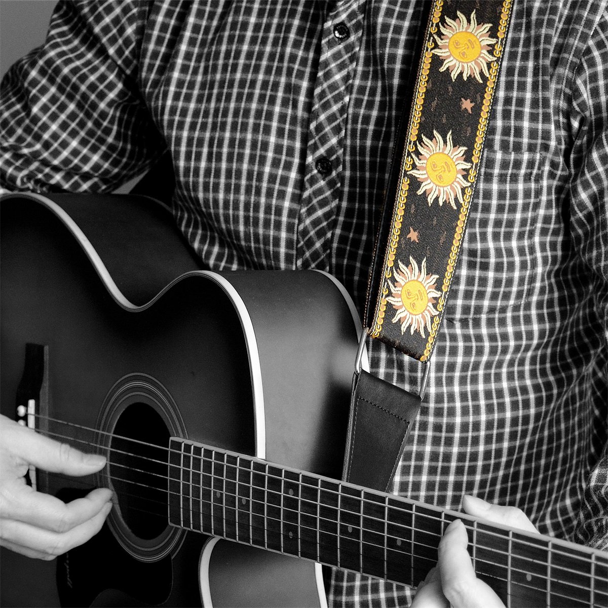BestSounds C-150 Leather Adjustable Guitar Strap, Sun Jacquard Weave For Bass Electric and Acoustic Guitars, Black