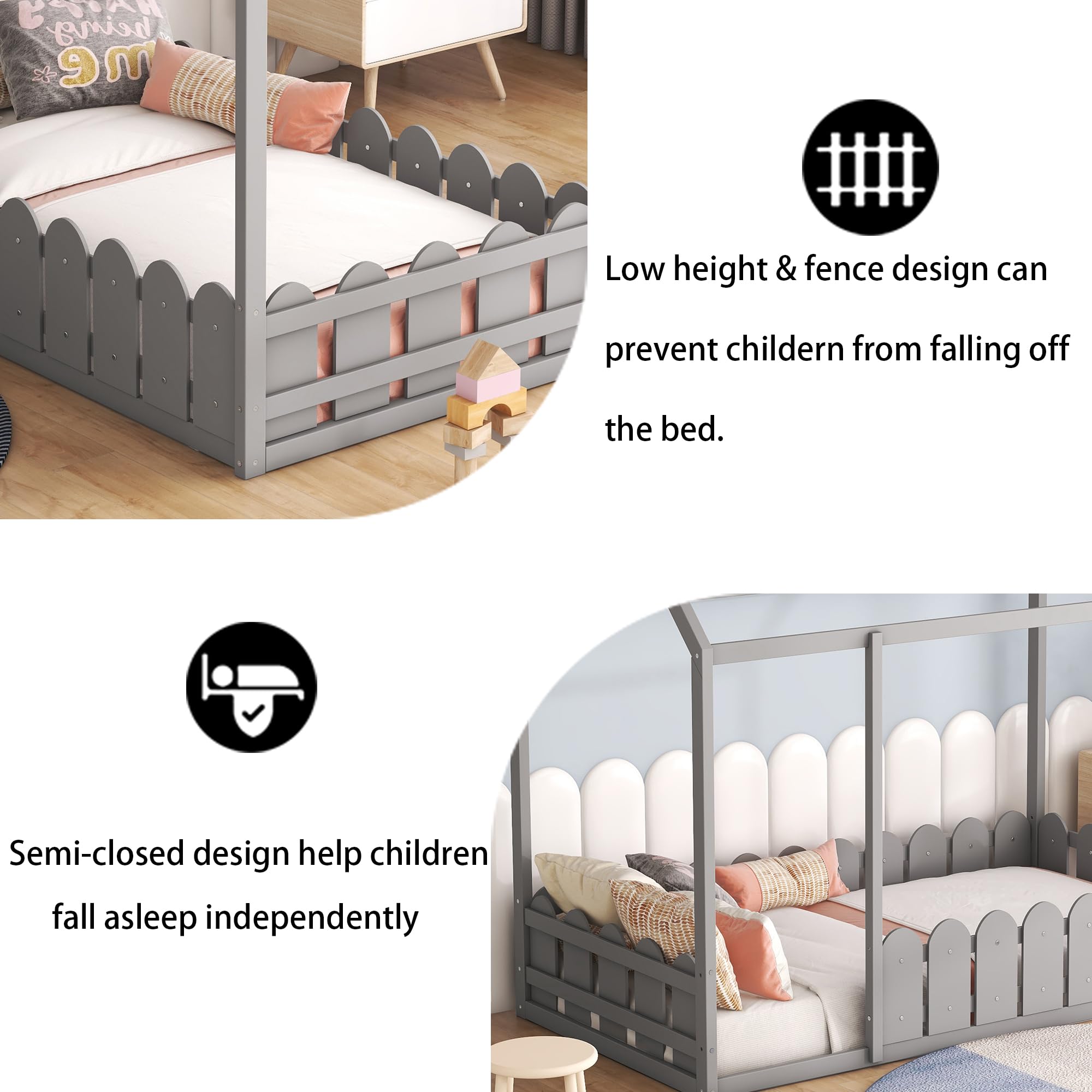 Harper & Bright Designs Twin House Bed Frame for Kids, Montessori Floor Bed Twin with Fence-Shaped Rails, Wood Twin Floor Bed Frames for Girls, Boys(Twin,Grey)
