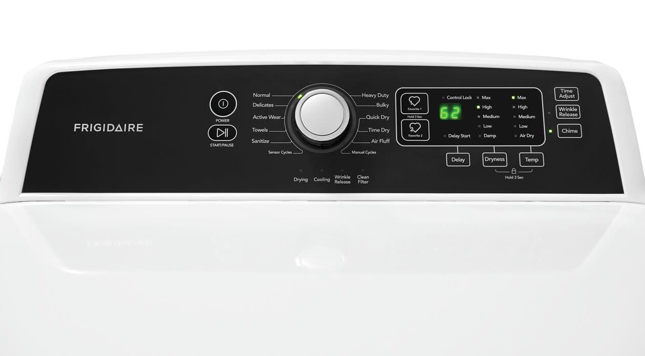 Frigidaire FFRG4120SW 6.7 cu. ft. Large Capacity Free Standing Gas Dryer, 10 dry cycles, Quick Dry, Active Wear, Sanitize, Eco Dry, Anti-Wrinkle, Reversible Door option, in White