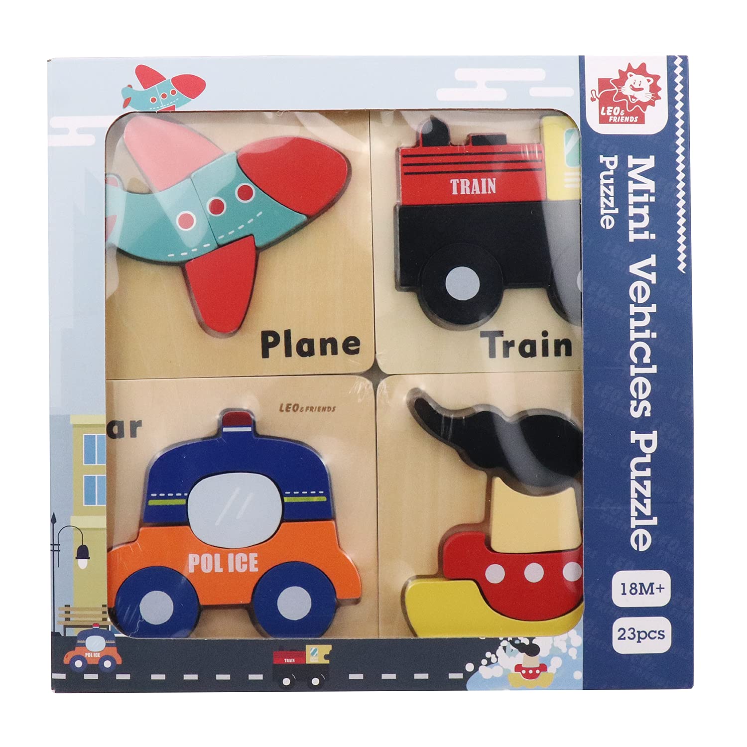 Leo & Friends Vehicle Puzzle Game Kit with 23 Different Pieces - Wooden Educational Toy for Boys and Girls - Non Toxic Wooden Puzzle - Gift for Christmas Birthdays or Holidays