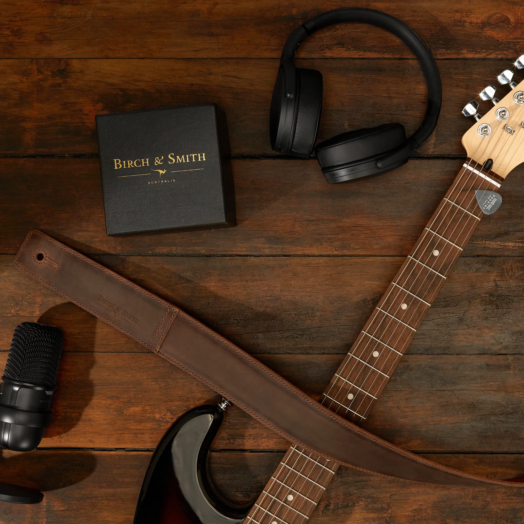 BIRCH & SMITH Full Grain Leather Guitar Strap, Foam Padded, Perfect for Electric, Acoustic & Bass Guitars (2" Wide, Whiskey Brown Color)