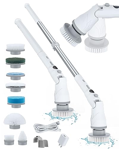 Electric Spin Scrubber, Saraily Cordless Power Scrubber Up to 420RPM, Shower Scrubber with 8 Replaceable Brush Heads and Adjustable Extension Handle for Cleaning Bathtub Tile Floor(40 inch)