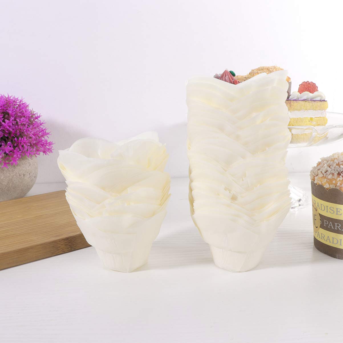 Cabilock 100pcs Mini Paper Baking Cups Lotus Shape Grease Proof Cupcake Liners For Cake Balls Muffins Cupcakes Candies (White)