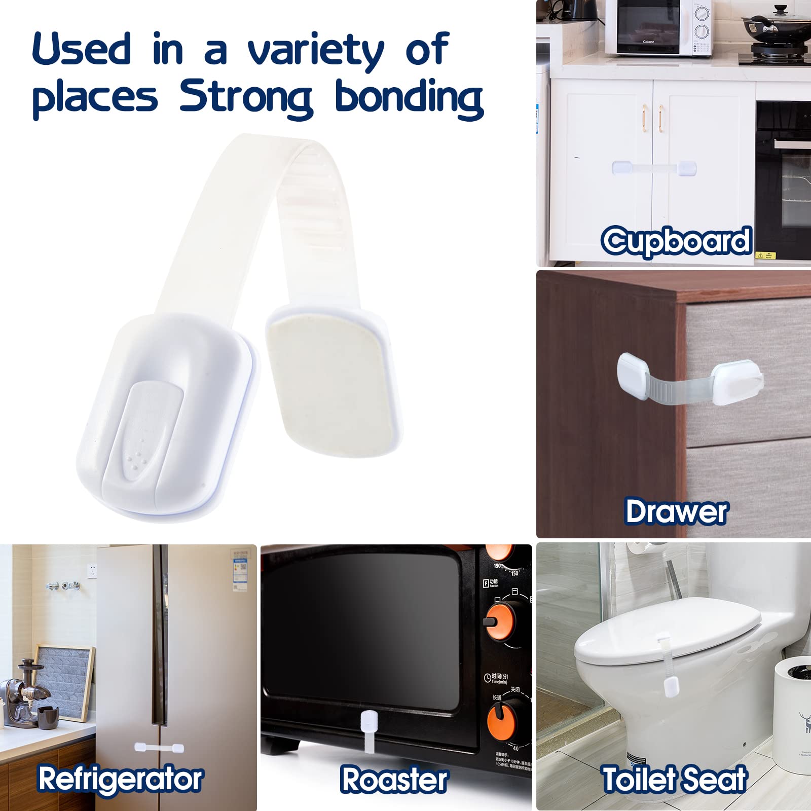 Child Safety Locks (10 Pack White) Baby Locks for Cabinets and Drawers, Toilet, Fridge & More. 3M Adhesive Pads. No Screws & Magnets