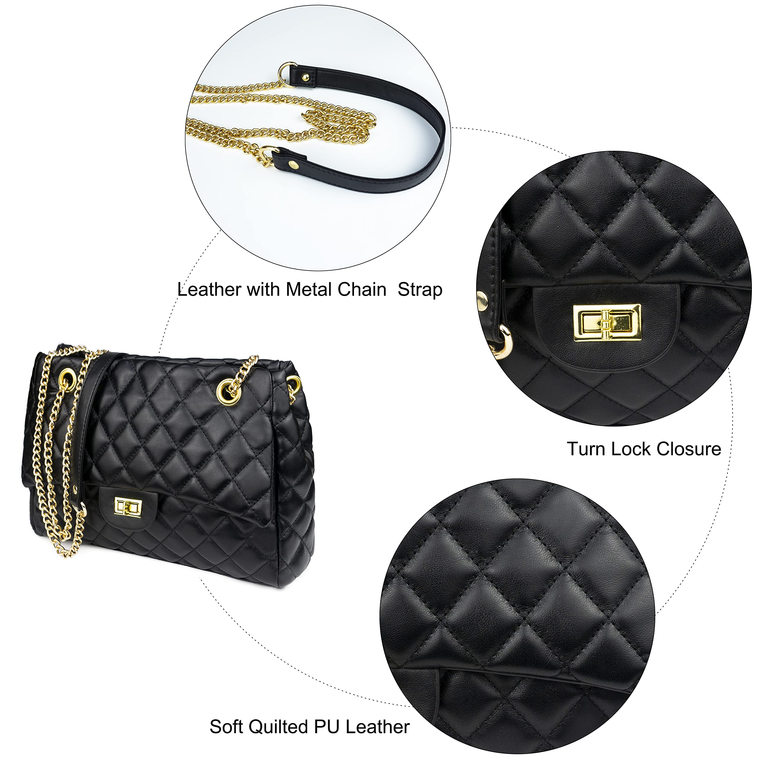 Rejolly Quilted Shoulder Bags for Women PU Leather Ladies Crossbody Handbag Stylish Envelope Purse with Chain Strap (Black)